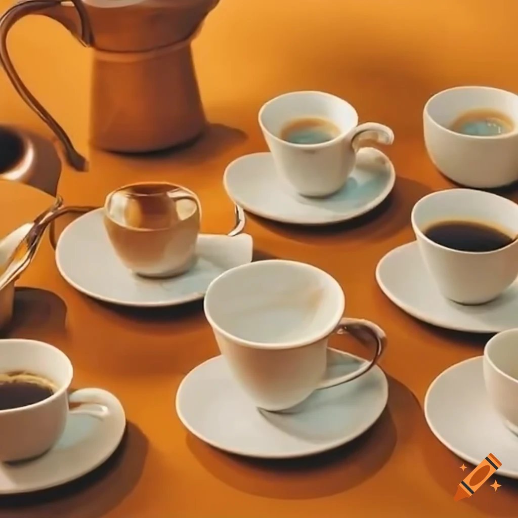 A full pot of coffee standing next to dozens of half-empty coffee cups ...