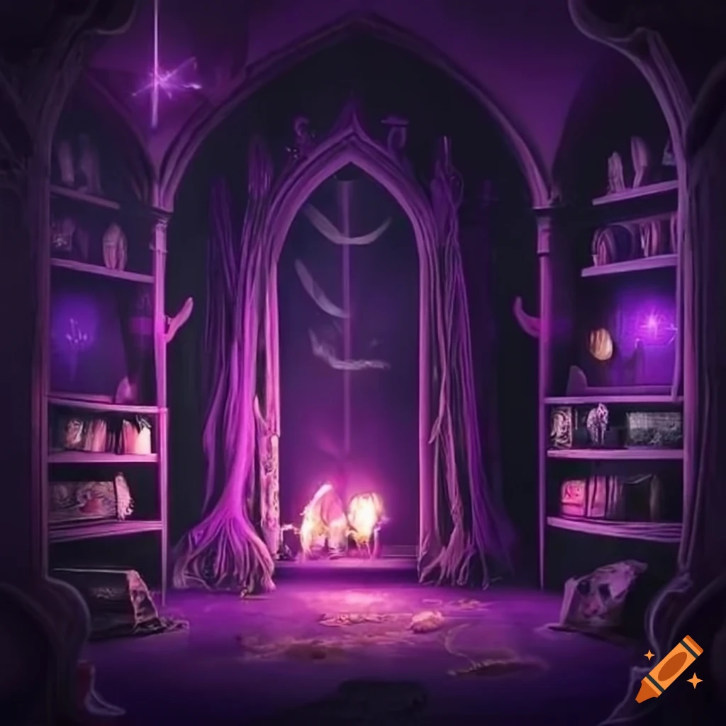 A magical witch room , dark with purple sparks, it has some shelves but ...