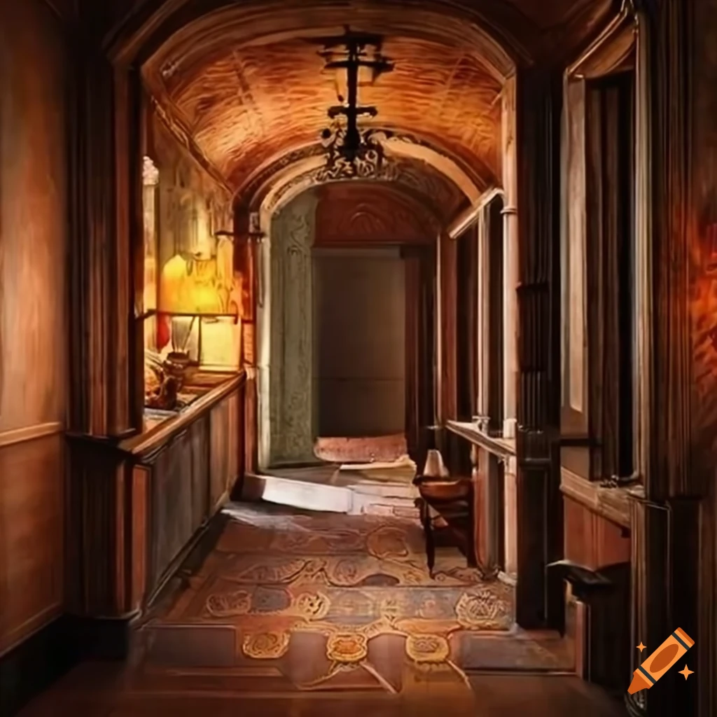 A magical hallway leading to enchanting guest rooms in a tavern on Craiyon
