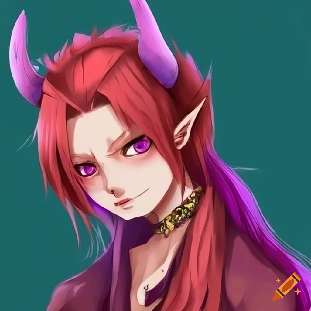 Red haired demon with short brown horns and purple colored eyes