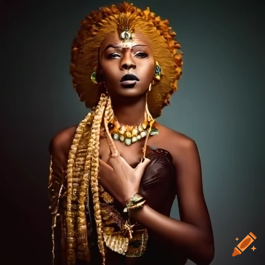 A majestic african queen standing confidently with a lion on Craiyon