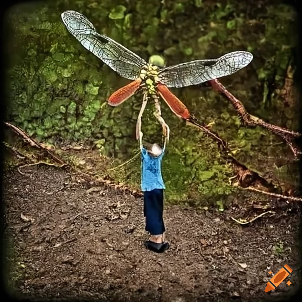 A tiny man being carried away by a giant dragonfly on Craiyon