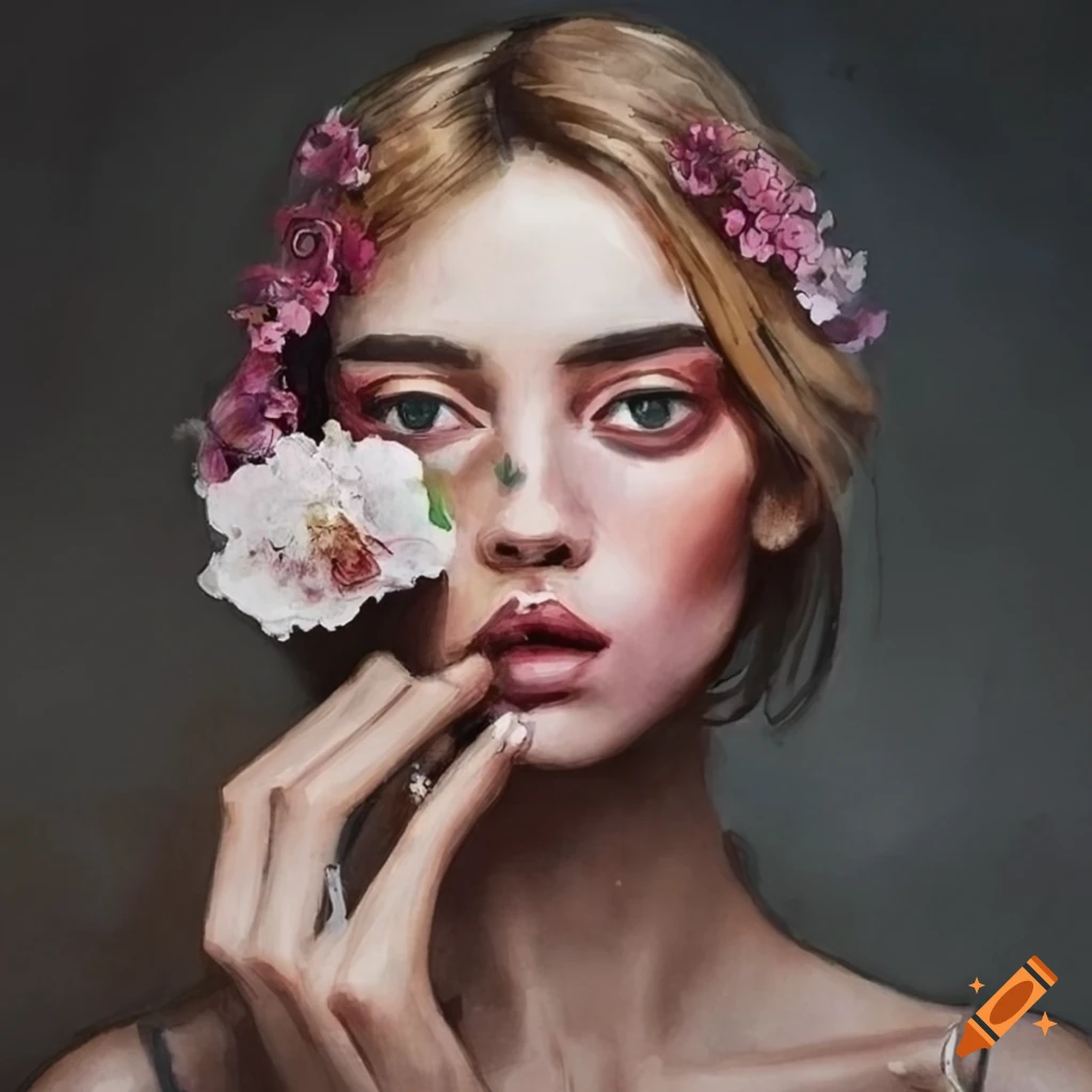 Watercolor painting of a women holding flowers in front her face on Craiyon