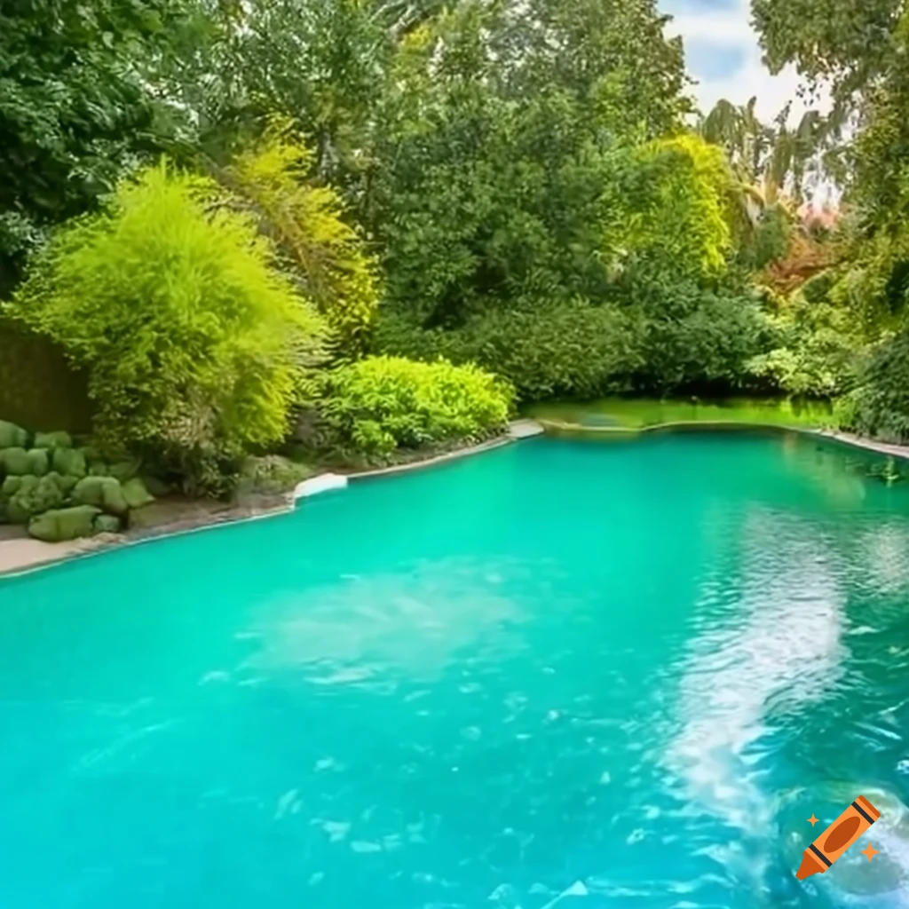 A sparkling turquoise pool in a luxurious garden on Craiyon