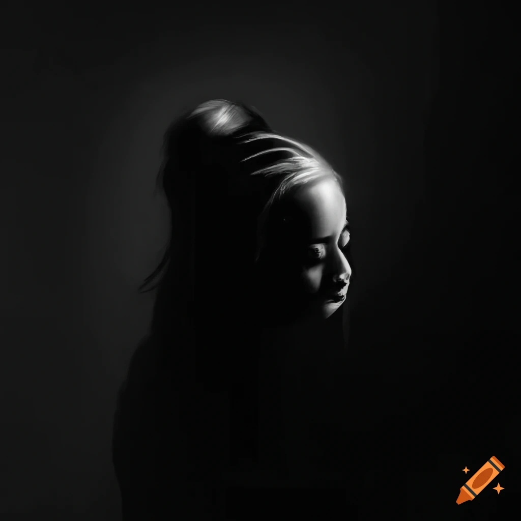 Black and white painting of sad woman and darl shadows in the back on ...