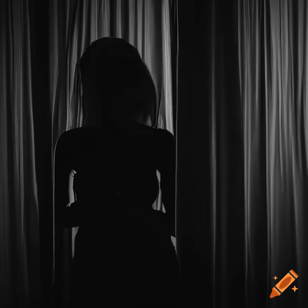 Dark translucent silhouette of a woman behind curtains on Craiyon