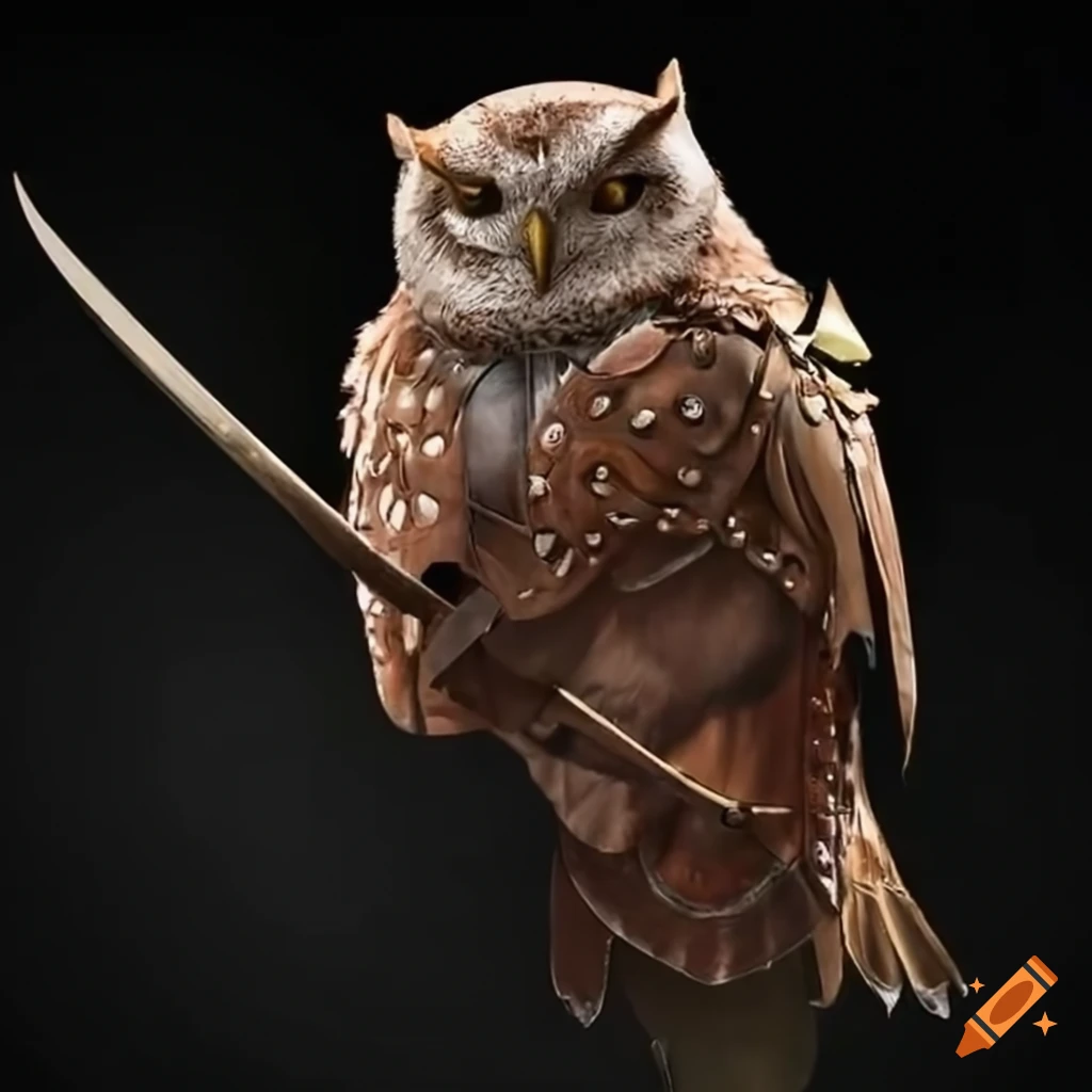 An owl donning a stylish leather armor with a bow and arrow