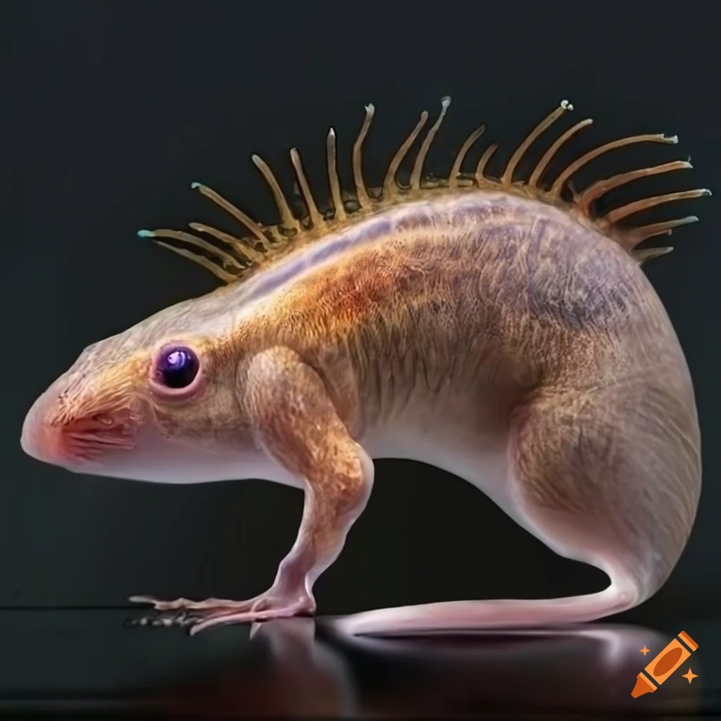 A whimsical aquatic hybrid creature with a mixture of features of both mice and carps, with big ...