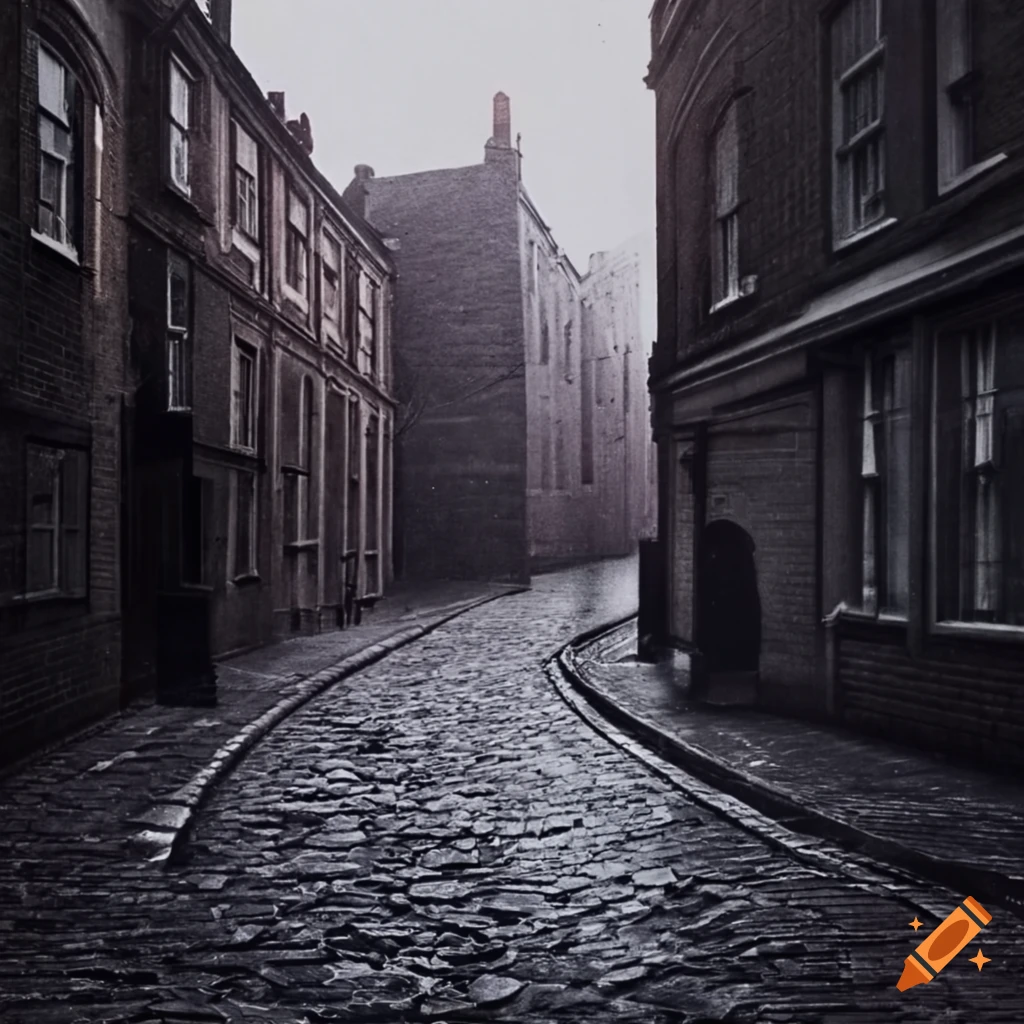 1700s London back alley photo wet mudd streets medieval sun rise on Craiyon