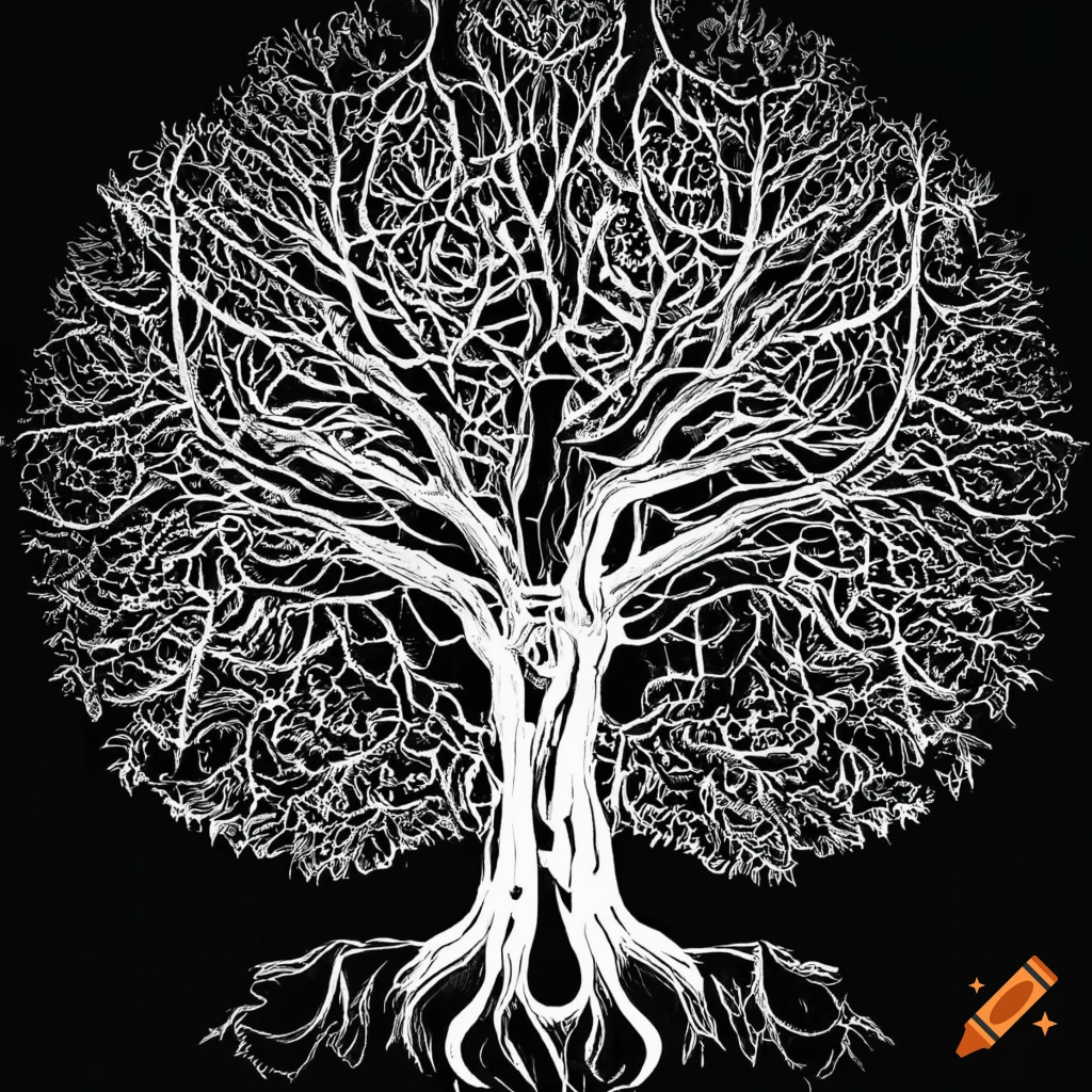 Detailed monochrome illustration of a tree with anatomical arms for ...
