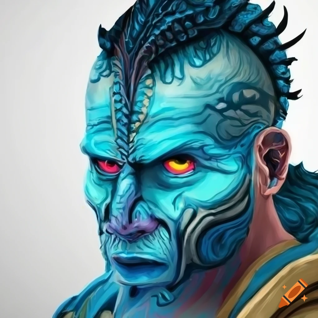 Illustration of an intimidating warrior with vibrant blue skin