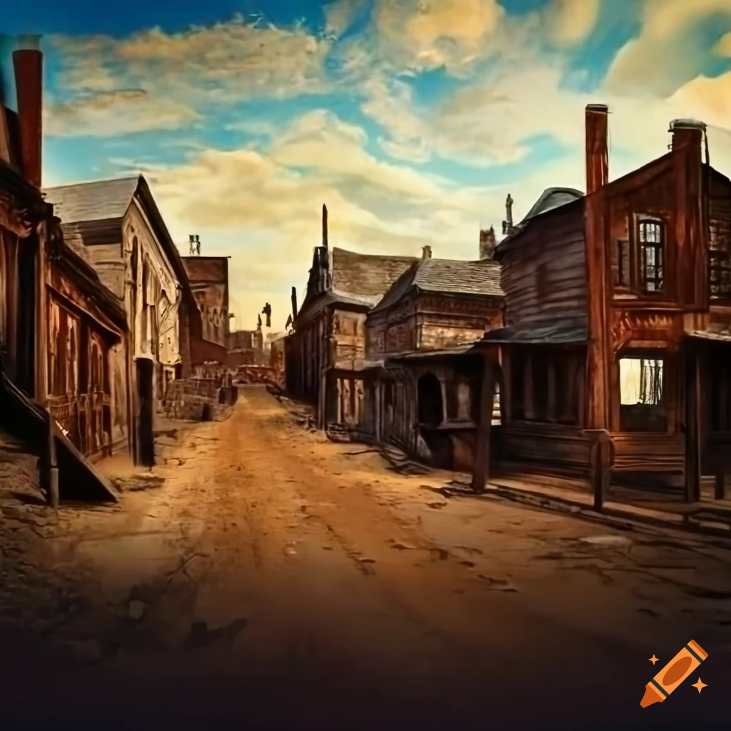 Western town in 1888, wide angle perspective