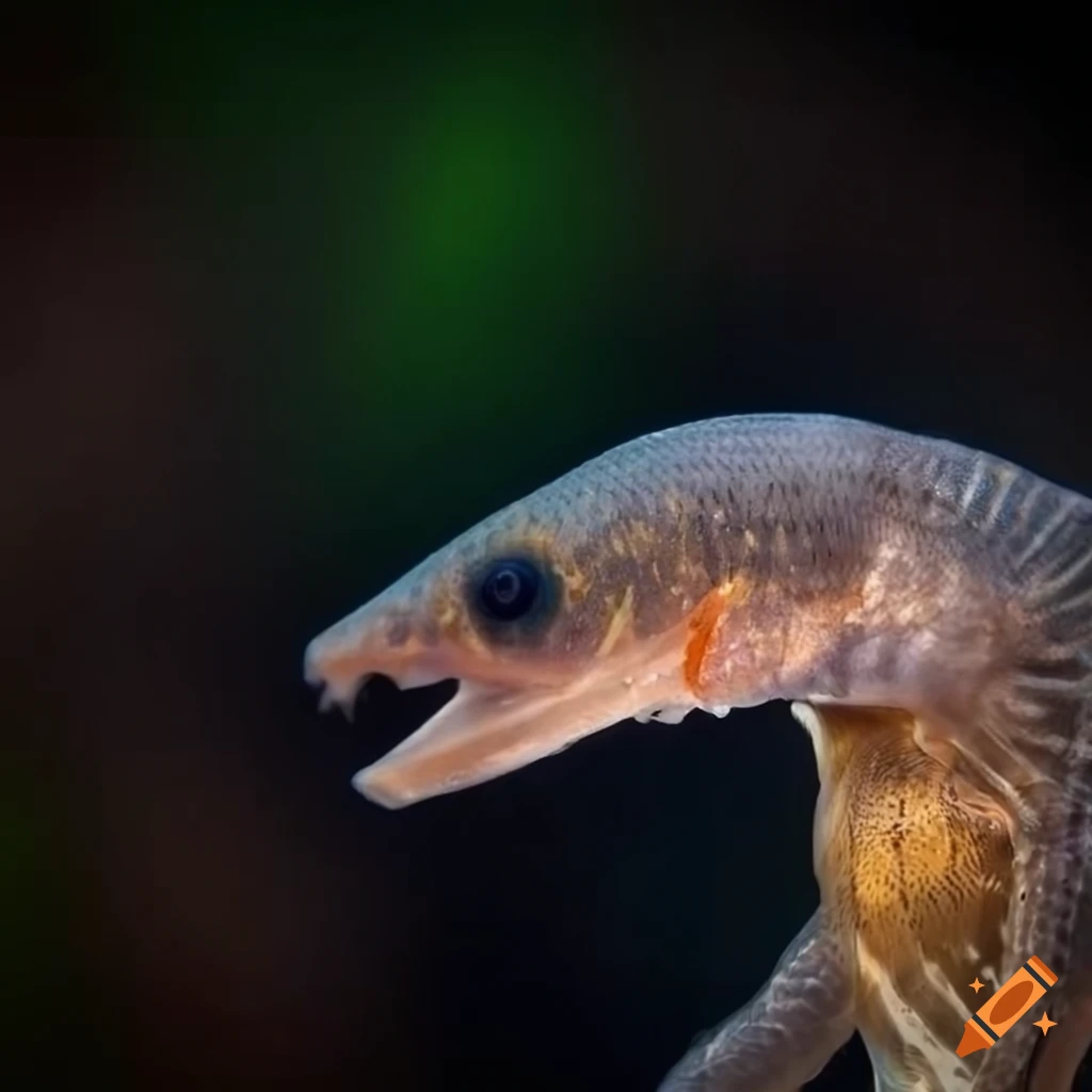 A whimsical aquatic greyish hybrid creature inspired by both mice and carp, with scaly body, fin ...