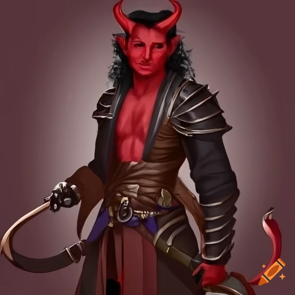 Red skinned male tiefling with long black hair and leather armor on Craiyon