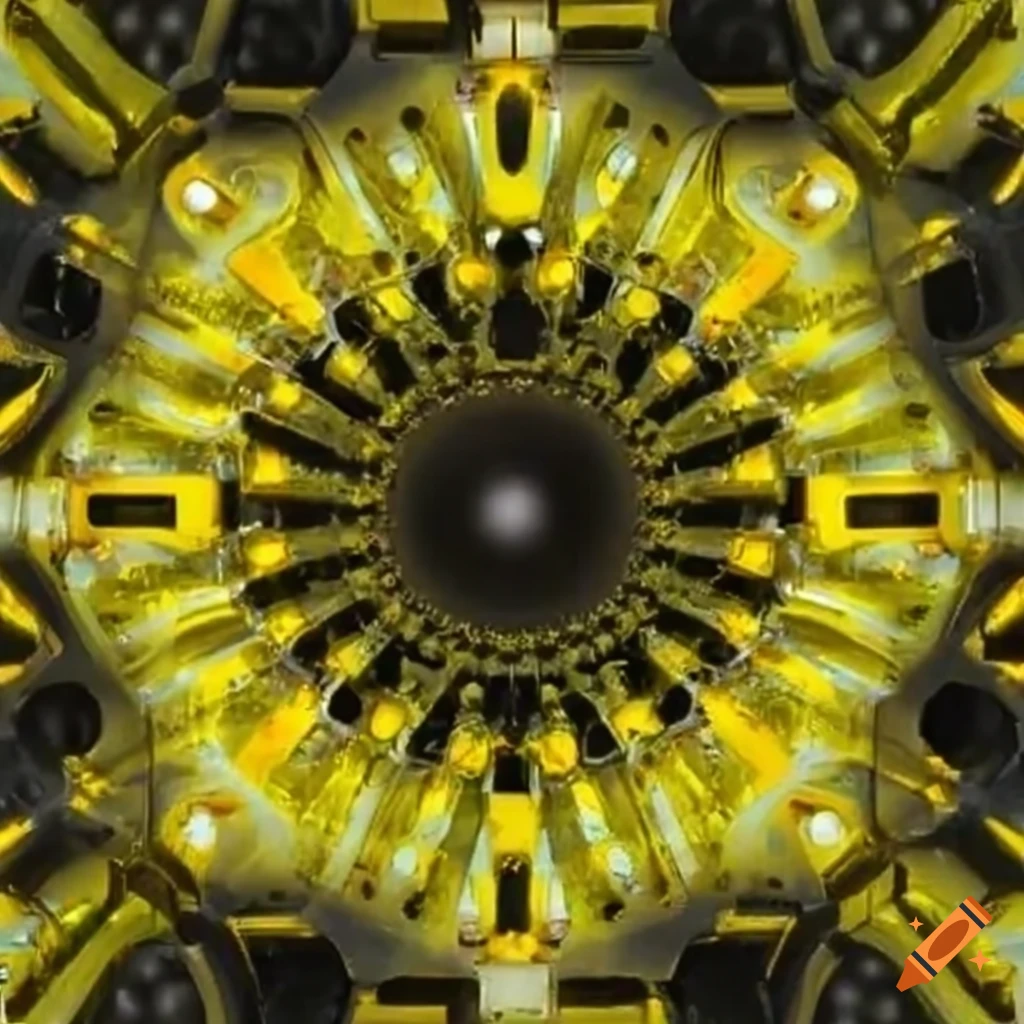 Bright yellow fantasy machine many mirrors and many lenses machine on ...