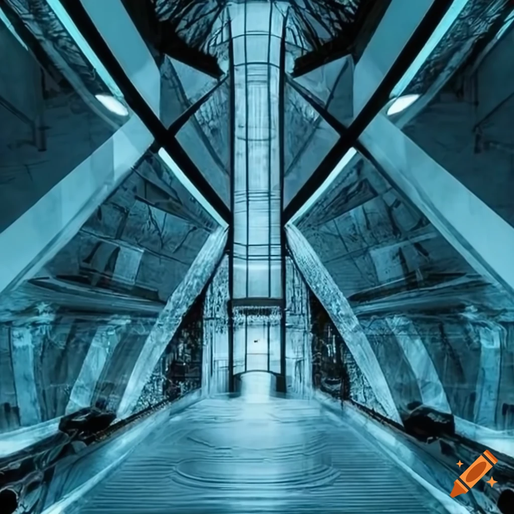 Inside a light-filled high-tech atrium with mysterious figures engaged in a ritual