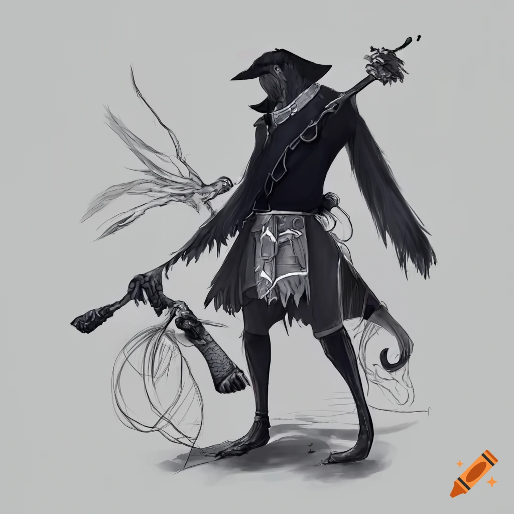 Anthropomorphic crow, bipedal, wearing fantasy clothing, black feathers ...