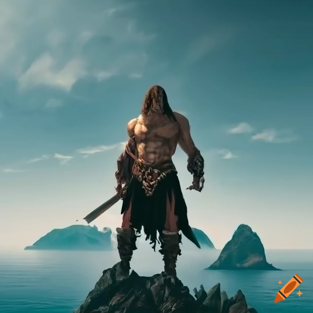 Conan the barbarian standing on top of mountain. wide view. in front sea and mountains on Craiyon