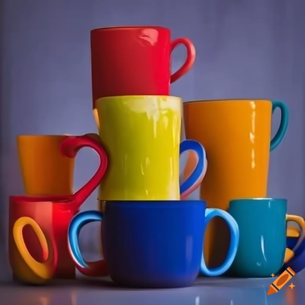 Colorful cups stacked on a kitchen counter on Craiyon