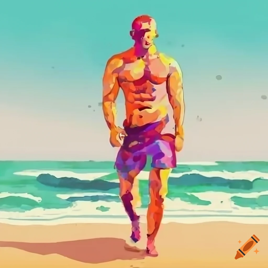 Muscular man walking in the beach on Craiyon