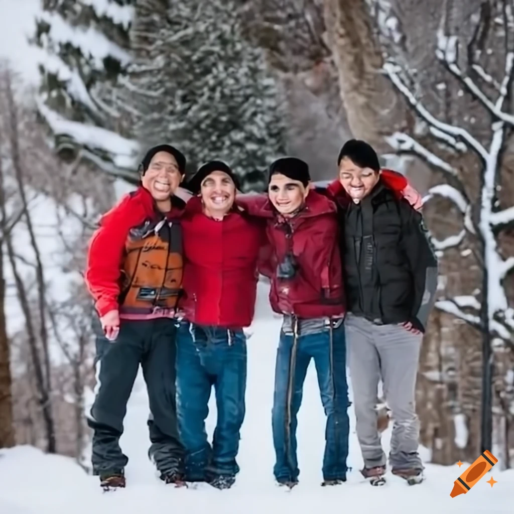 Colorado in the winter a group of 4 male hispanic friends smiling