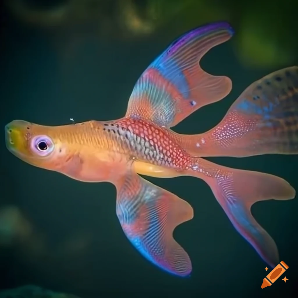 A whimsical small hybrid aquatic creature inspired by both elephants and carps, with fish tail ...