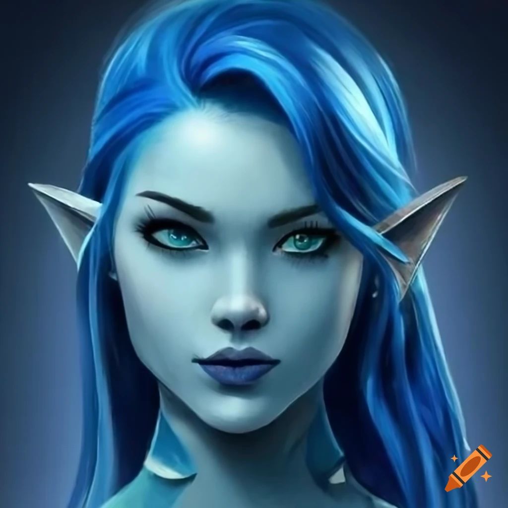 Blue skin, elf, red hair, blue, pretty, woman on Craiyon