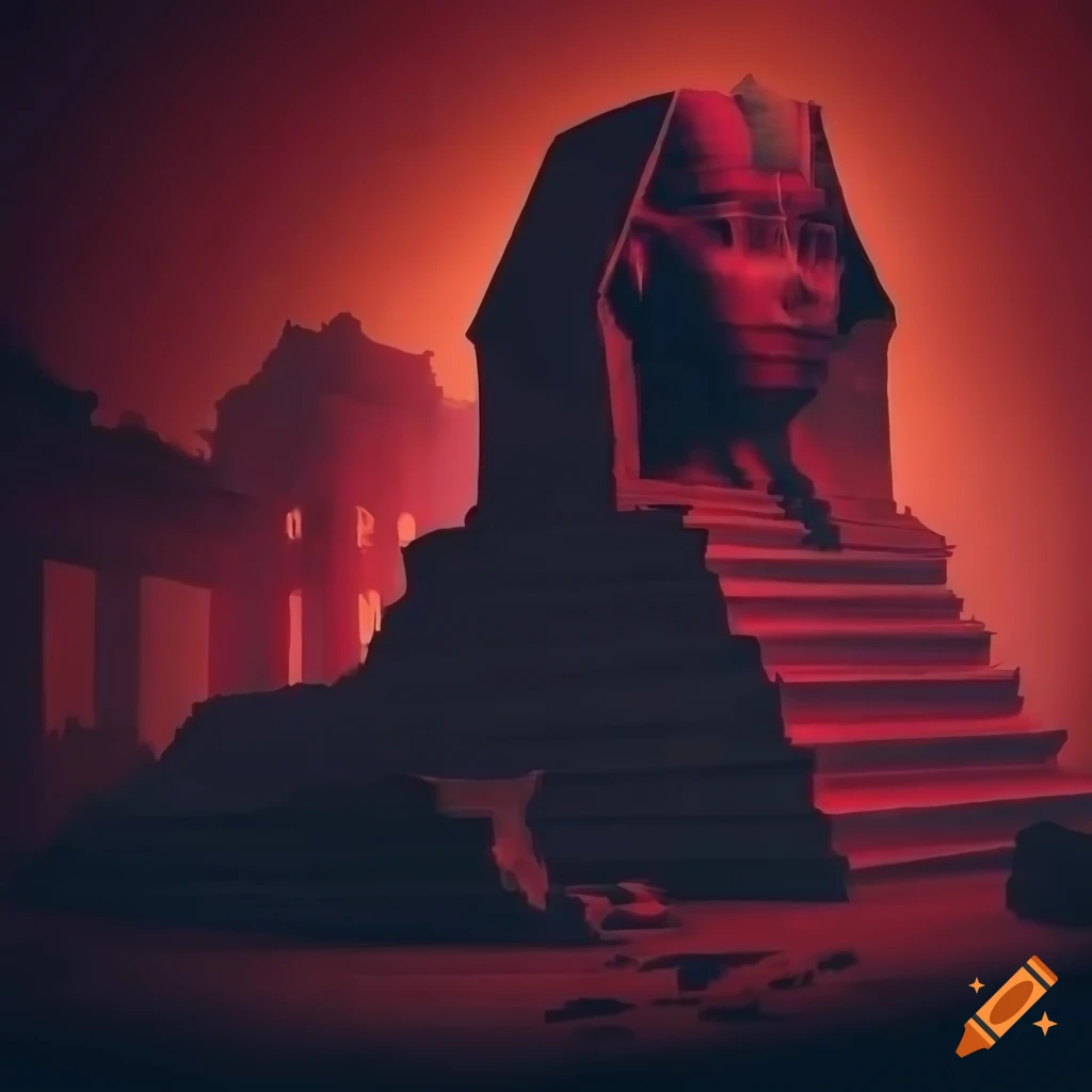 Red jungle forest with destroyed egyptian sphinx and dark red destroyed ...