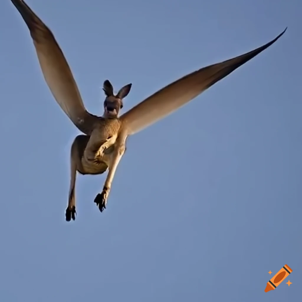A kangaroo soaring through the sky with bird-like wings on Craiyon