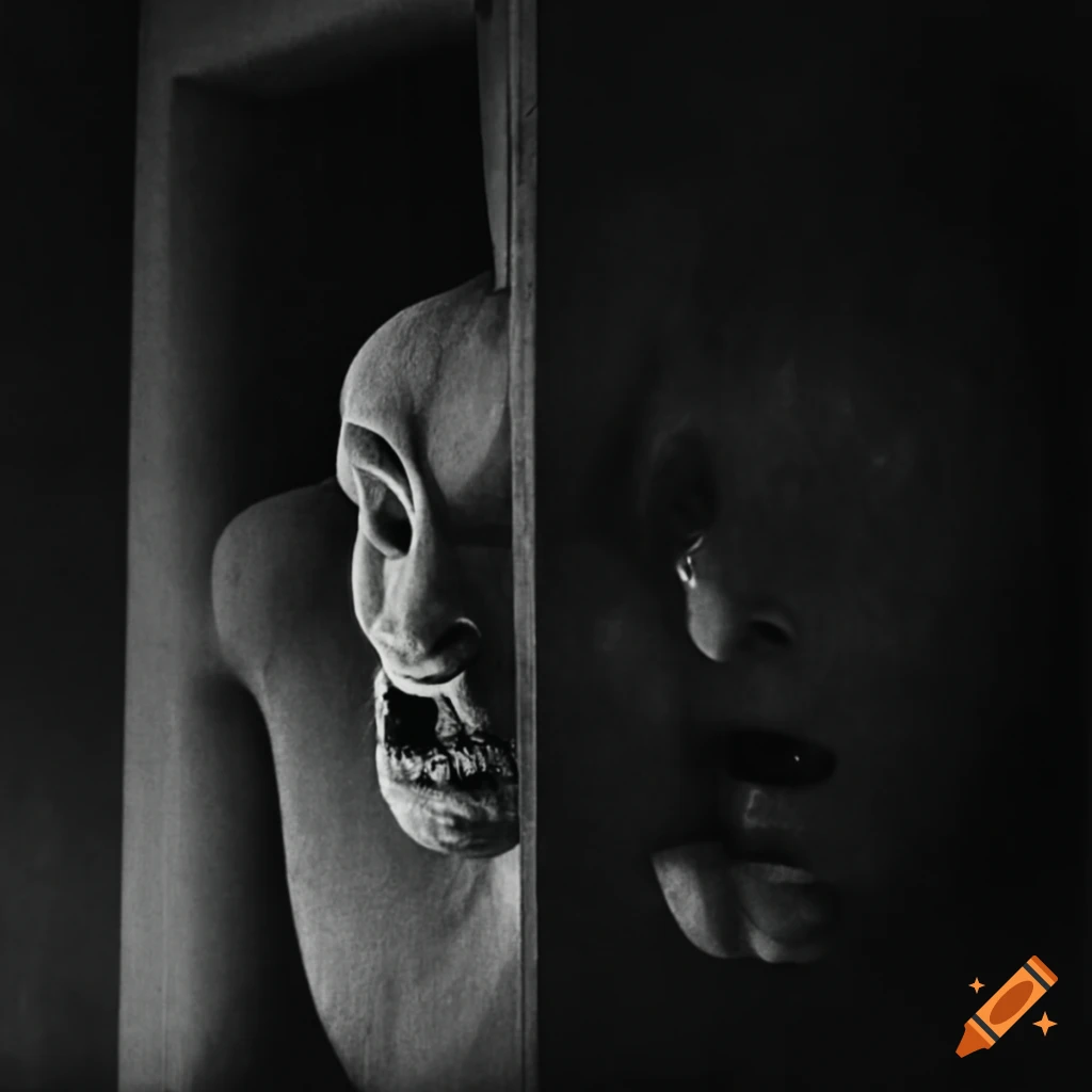 Several bizarre humanoid faces emerging from a wall, all looking in ...