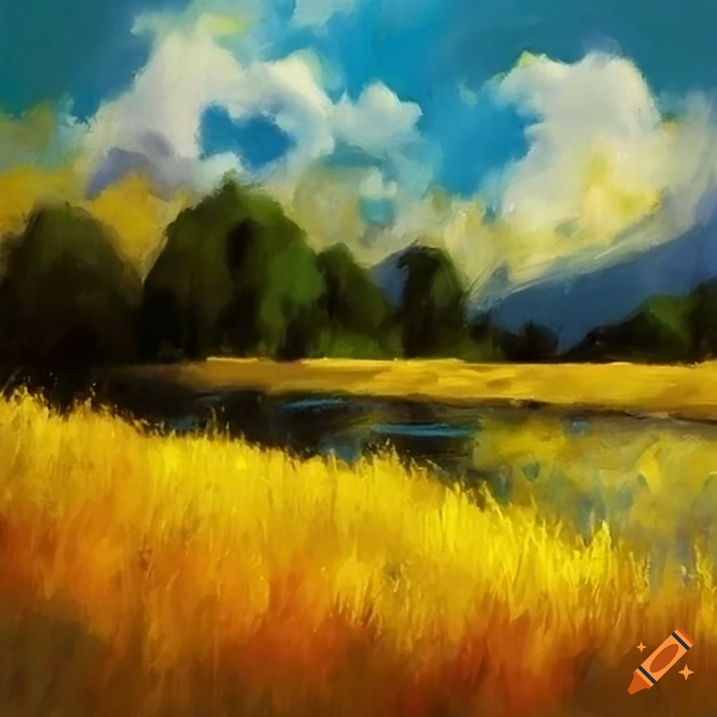 Plein air california landscape with blue sky and white clouds, river ...