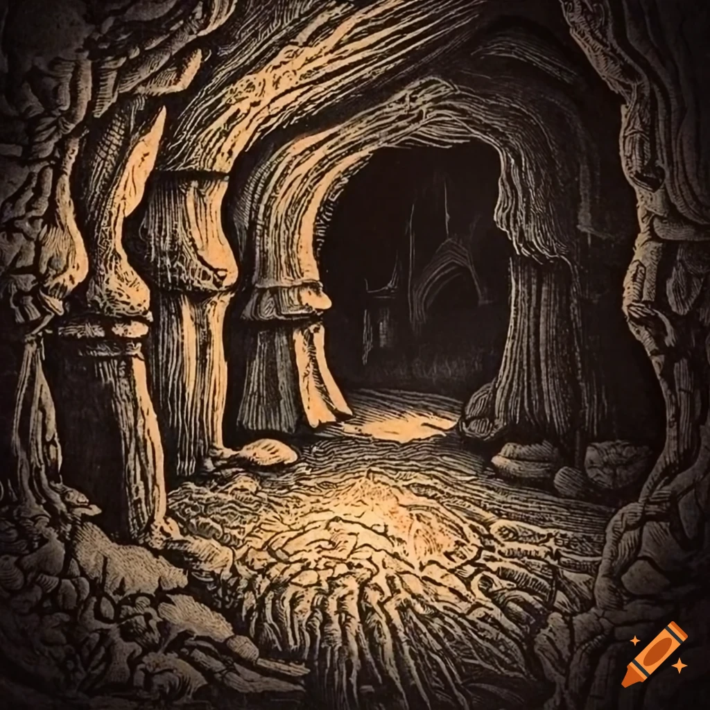 A detailed medieval woodcut of a magical cave