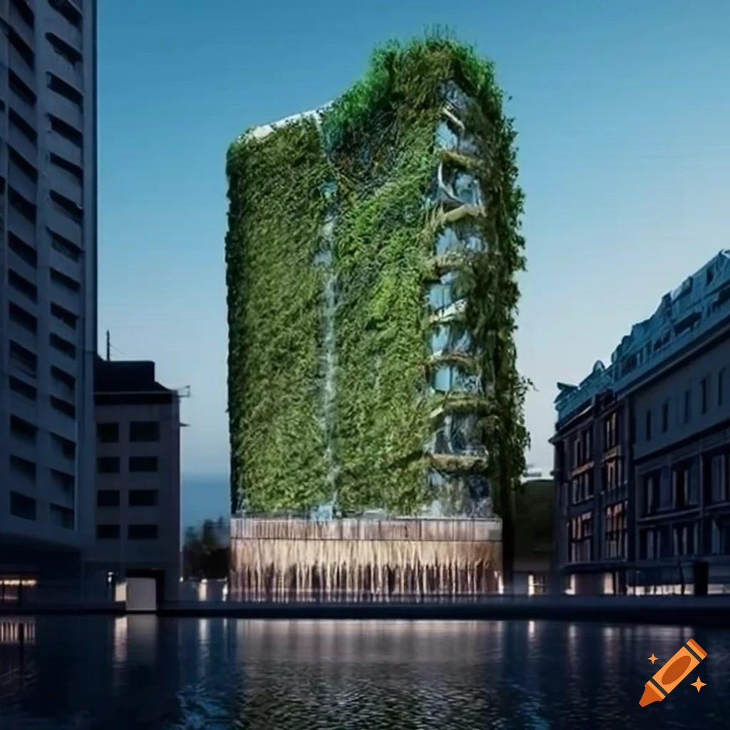 8-story hotel with curved façade, vegetation on the façade and waterfall
