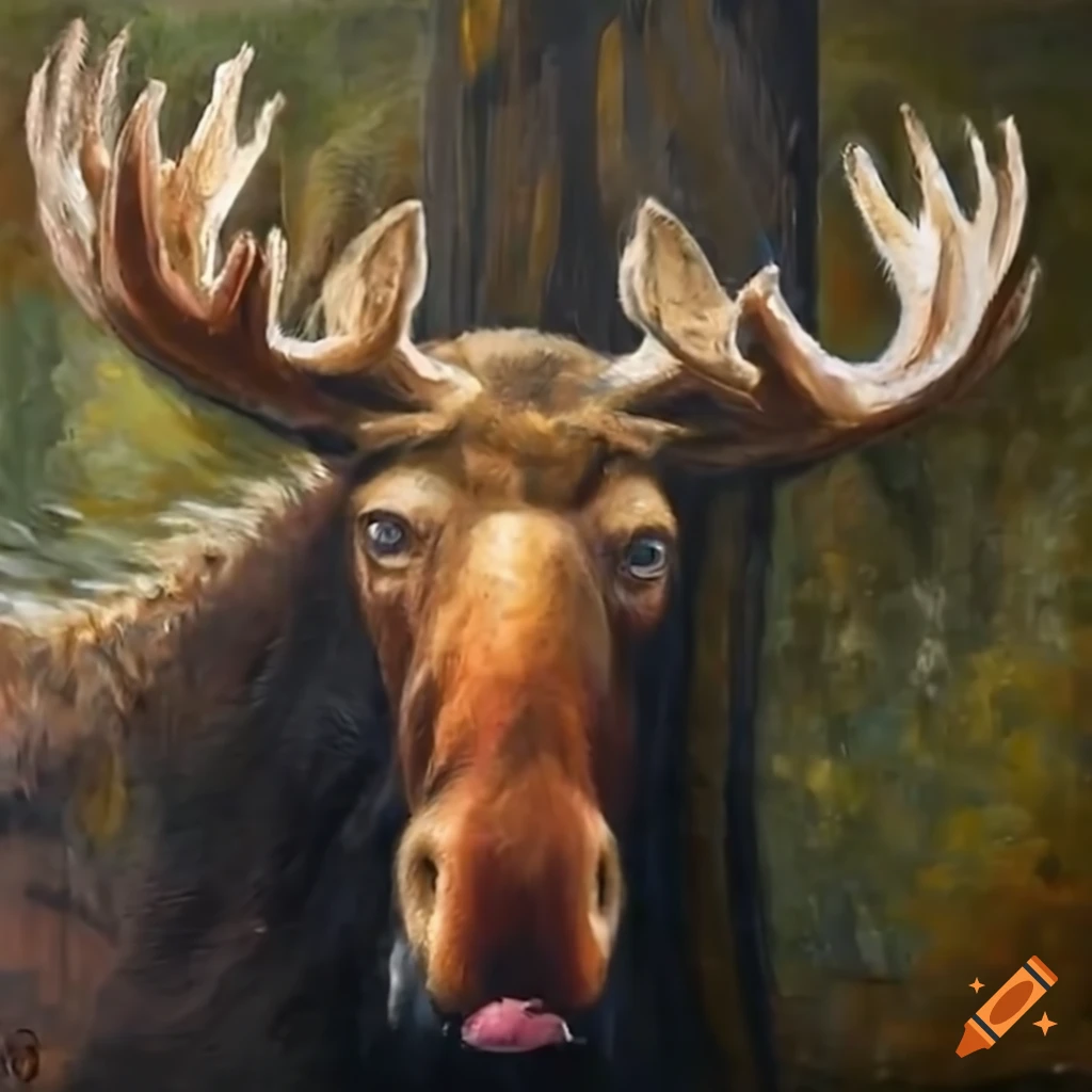 Portrait of a moose looking at the camera with his tongue hanging out