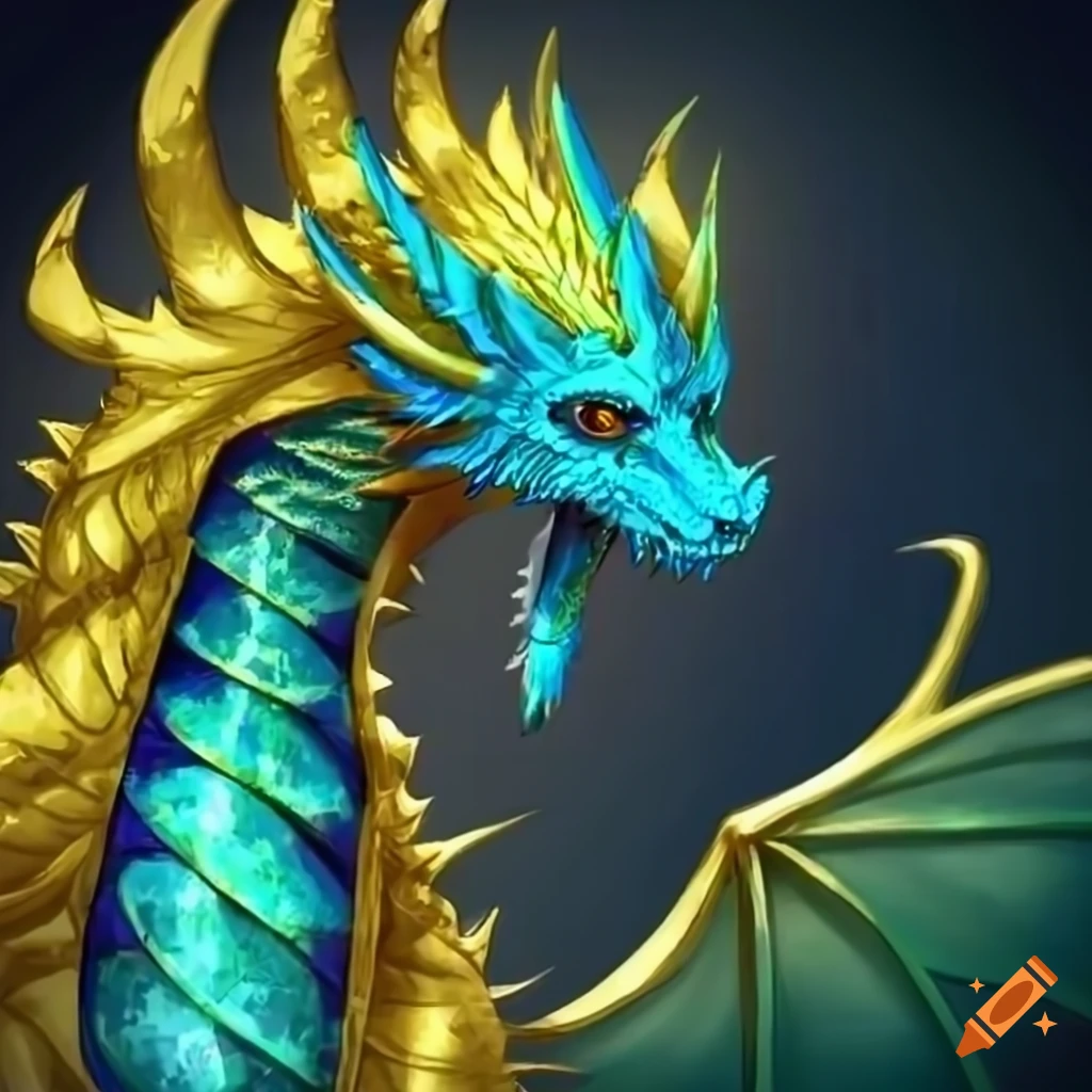 Gold anthro dragon with cyan wings and cyan-colored spikes