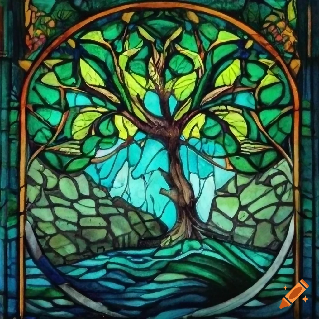 Stained glass art surreal illustration, landscape, monsters on Craiyon