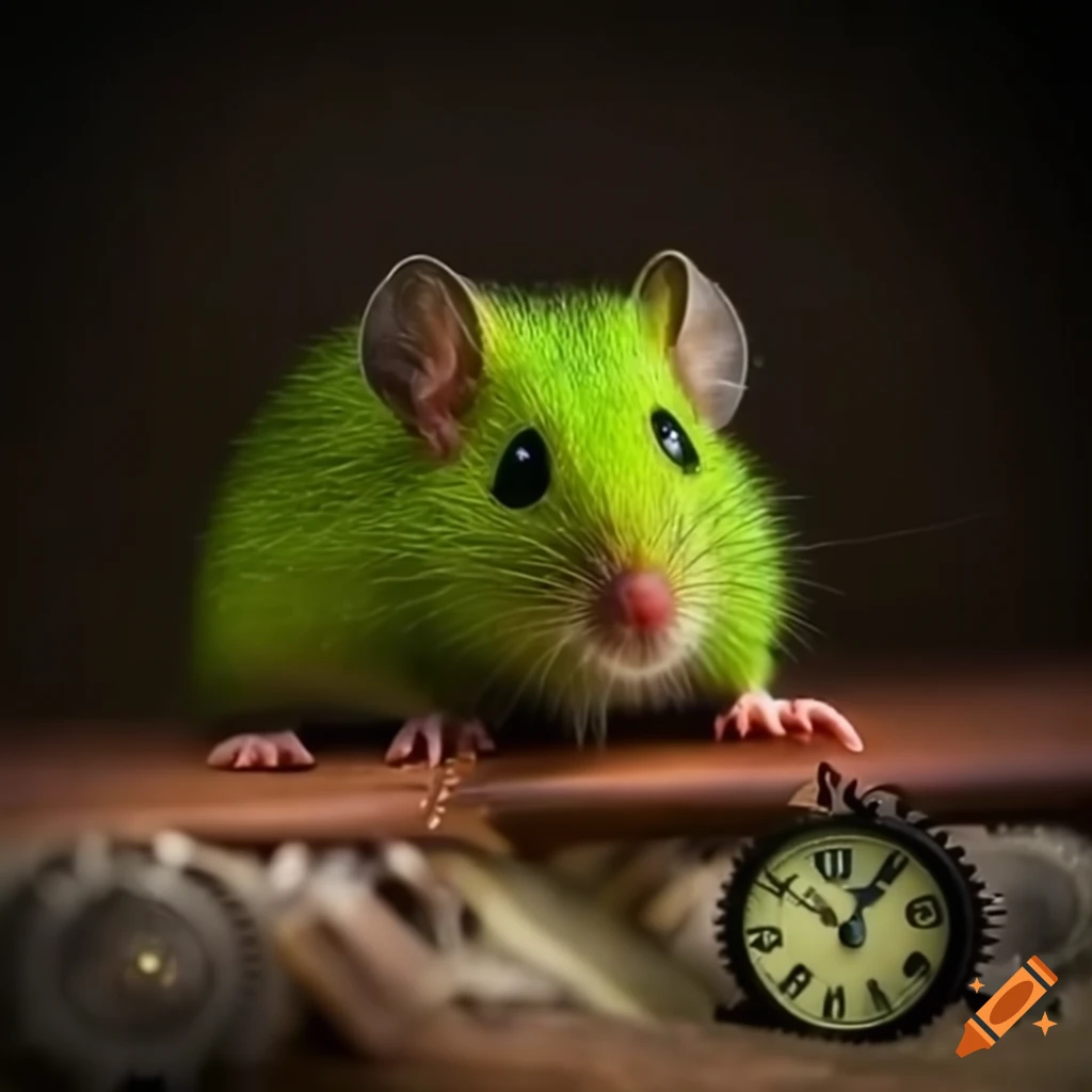 A green animal mouse surrounded by intricate clock gears on Craiyon