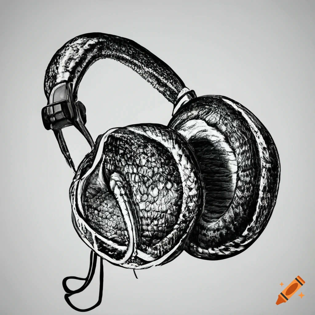 A python snake head closeup with old leather headphones on on Craiyon