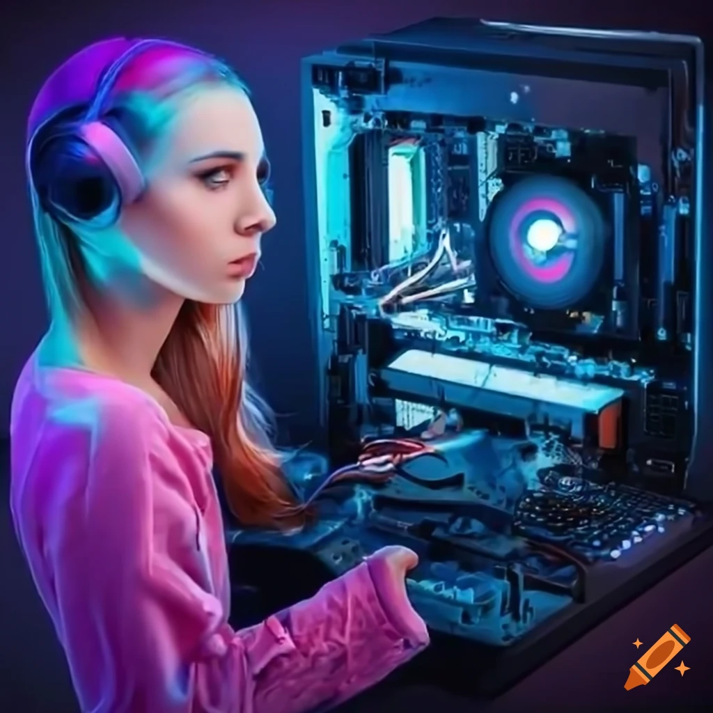 Beautiful girl repairing a gaming computer