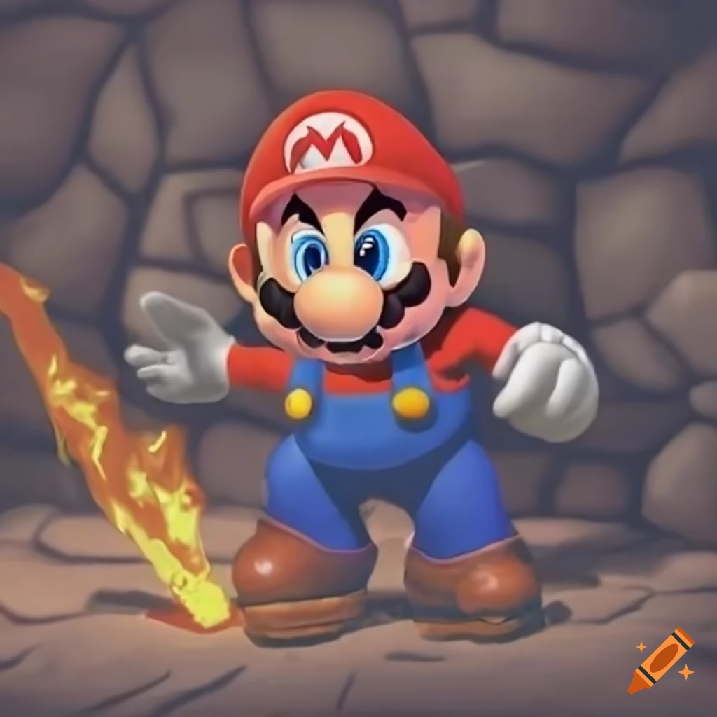 Mario holding a fire sword in a cave on Craiyon
