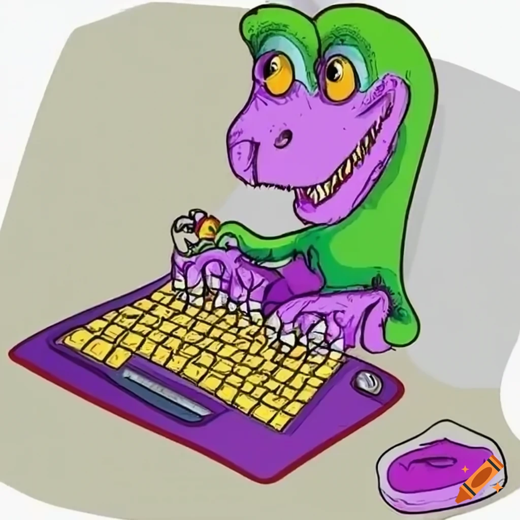 A friendly dinosaur typing on the computer