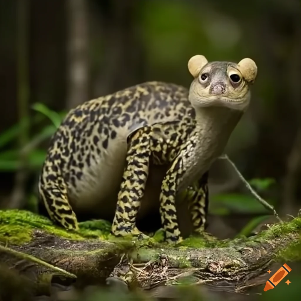 A whimsical hybrid forest creature inspired by both frogs and badgers