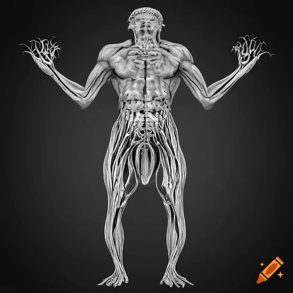 Monochrome detailed illustration of an anatomy god on Craiyon