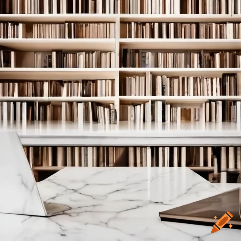 Sophisticated marble office with bookshelf in the background