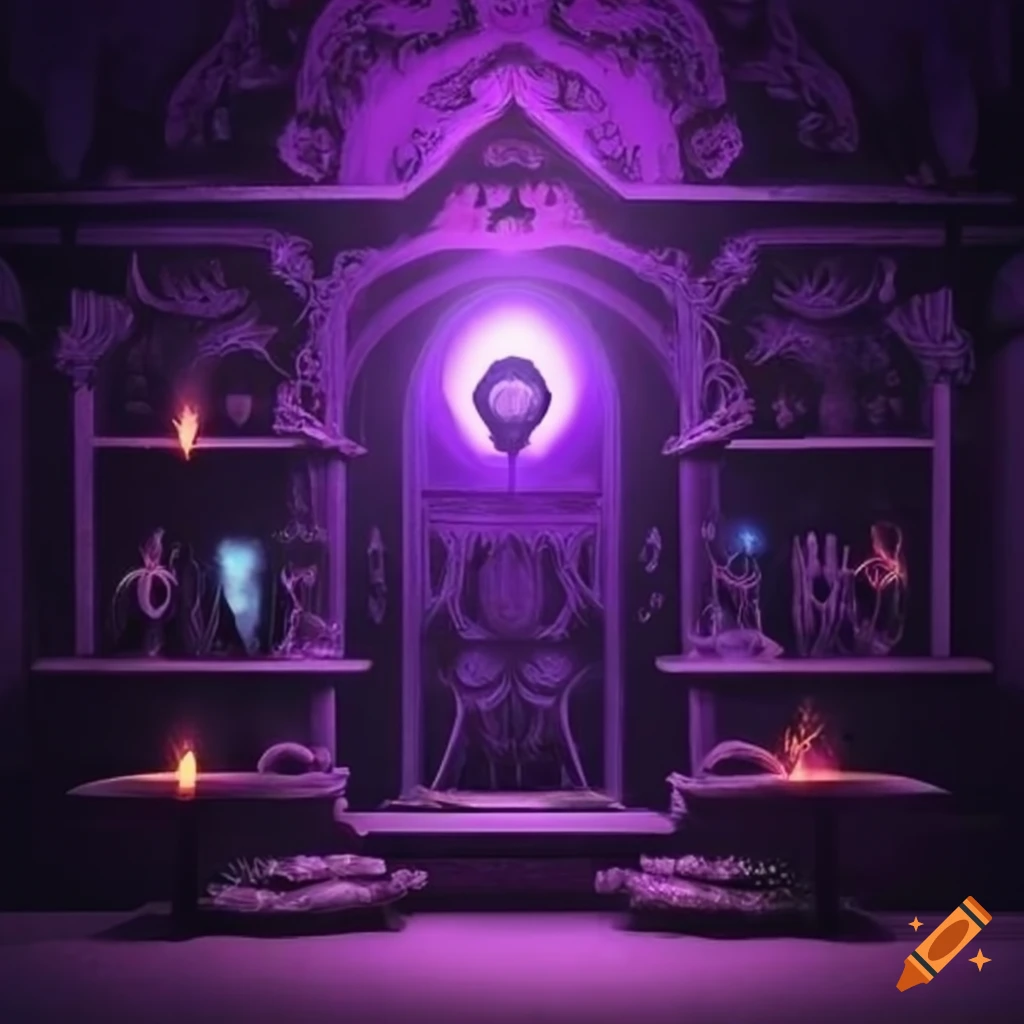 A magical witch room , dark with purple sparks, it has some shelves but ...