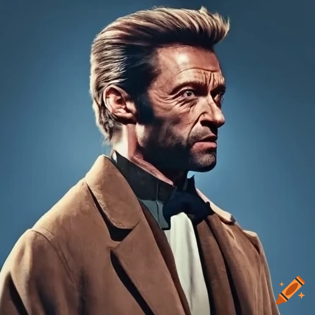 Hugh jackman as wolverine, 1960 detective brown coat, blue backdrop