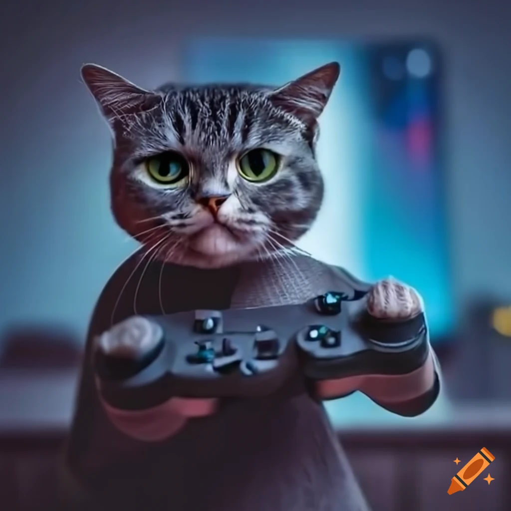 Cat holding video game controller in front of tv and wearing headphones ...