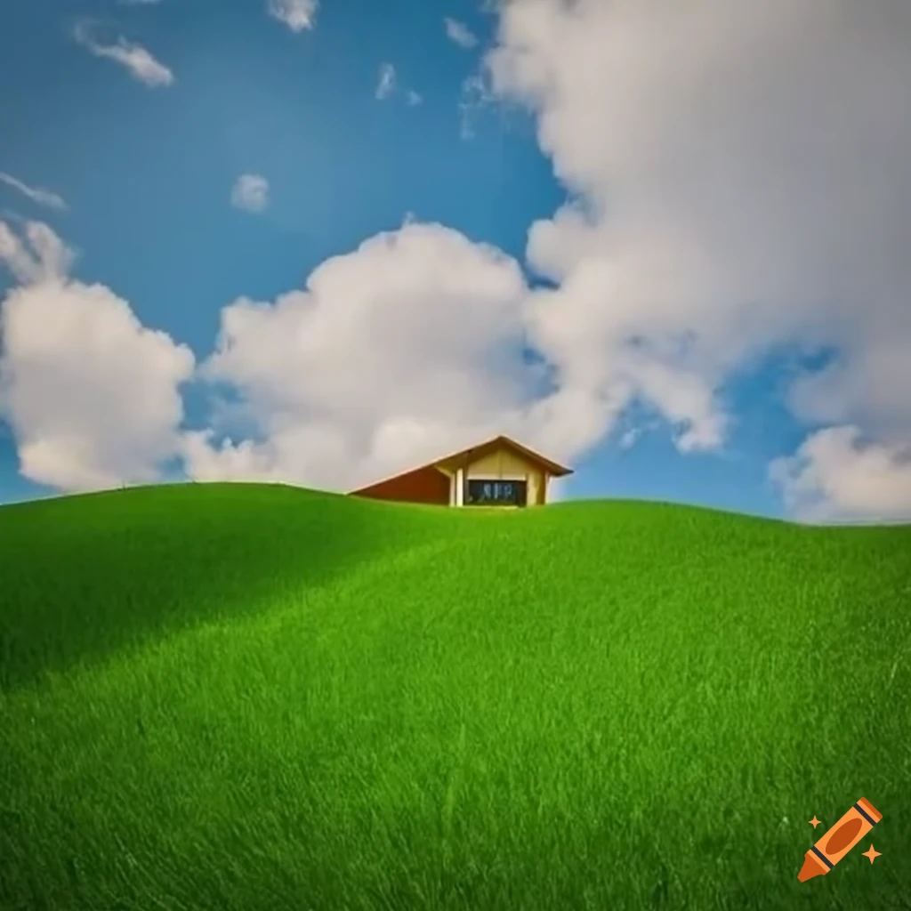 Fake hill made of fake grass with real house and real sky with clouds