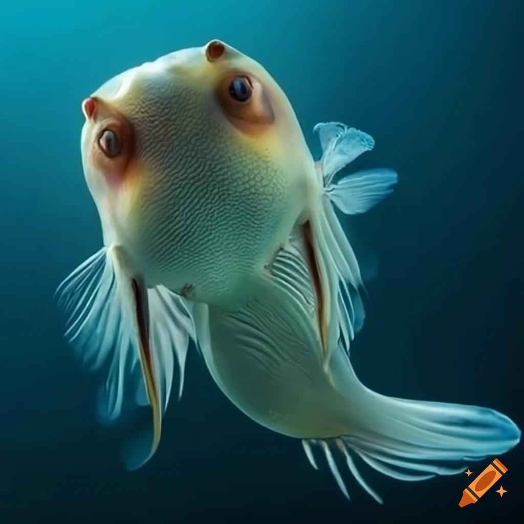 A whimsical aquatic hybrid creature inspired by both mice and fish, in full body view on Craiyon