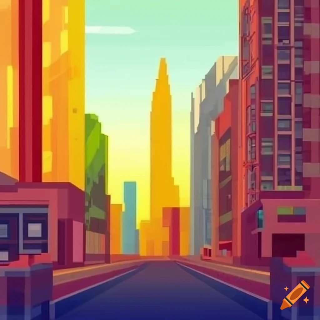 Detailed pixel city with mix of skyscrapers and houses
